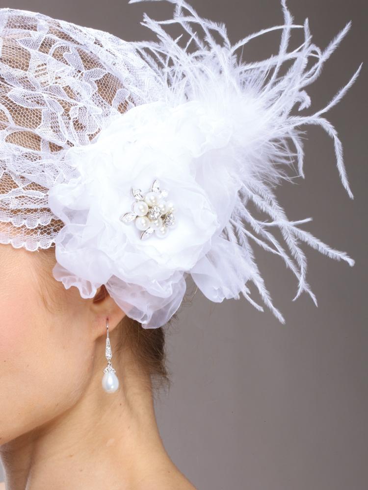 White Lace Juliet Veil Bridal Cap with Flower & Ostrich Feathers – La ...