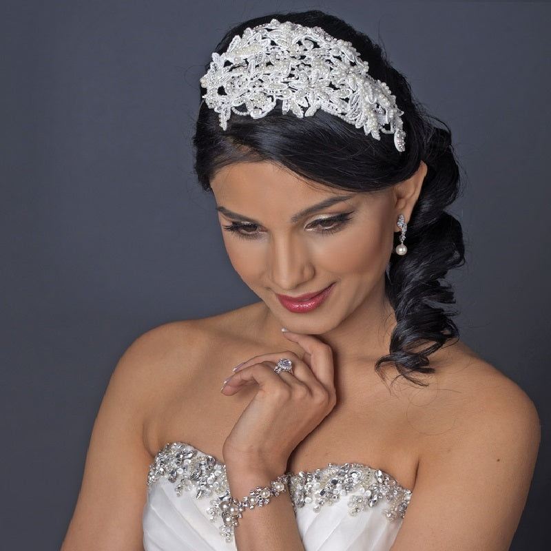 Russian Lace Pearl & Crystal Bridal Cap Headpiece – La Bella Bridal ...