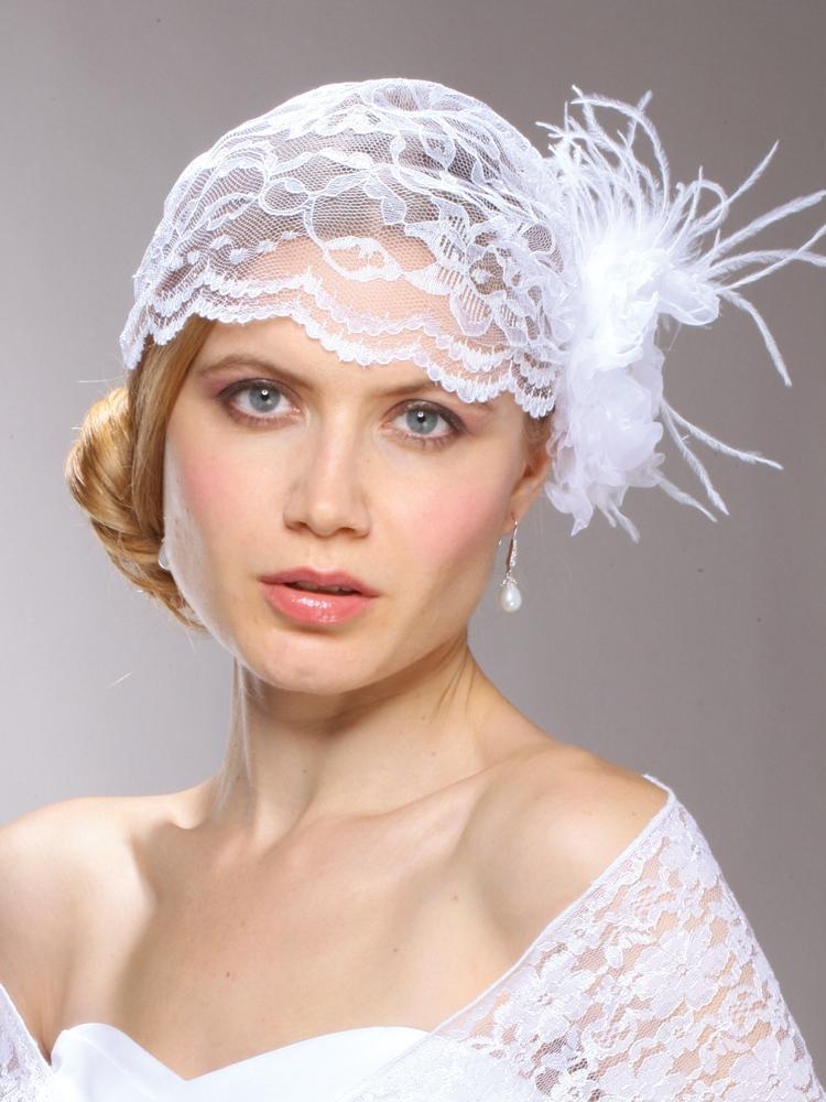 White Lace Juliet Veil Bridal Cap with Flower & Ostrich Feathers – La ...